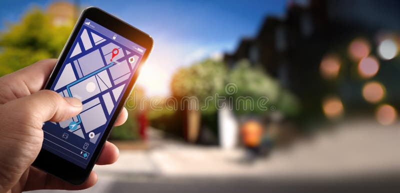 Tourist Using GPS Map Navigation on Smartphone Application Screen Stock ...