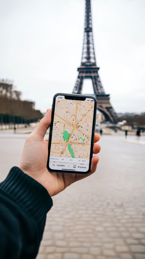 Tourist Using Navigation App on Smartphone with Eiffel Tower in ...