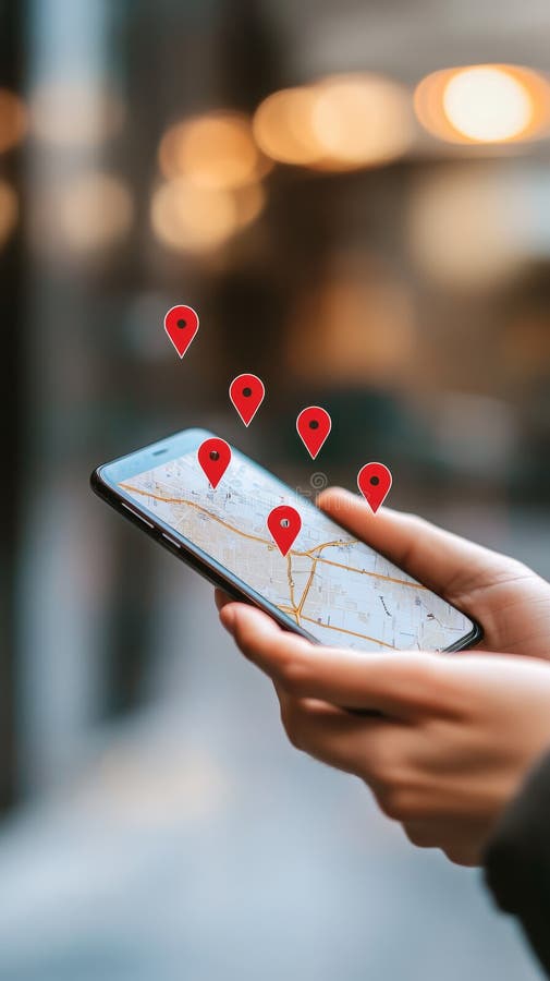 Tourist Using Navigation App on Smartphone with Multiple Location Pins ...