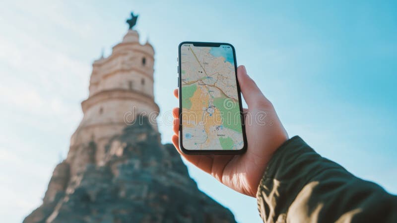 Tourist Using Navigation App on Smartphone Near Monument Stock Image ...