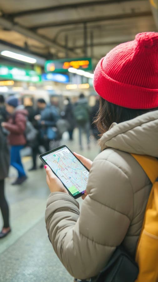 Tourist Using Navigation App on Tablet in Subway Station Stock Photo ...