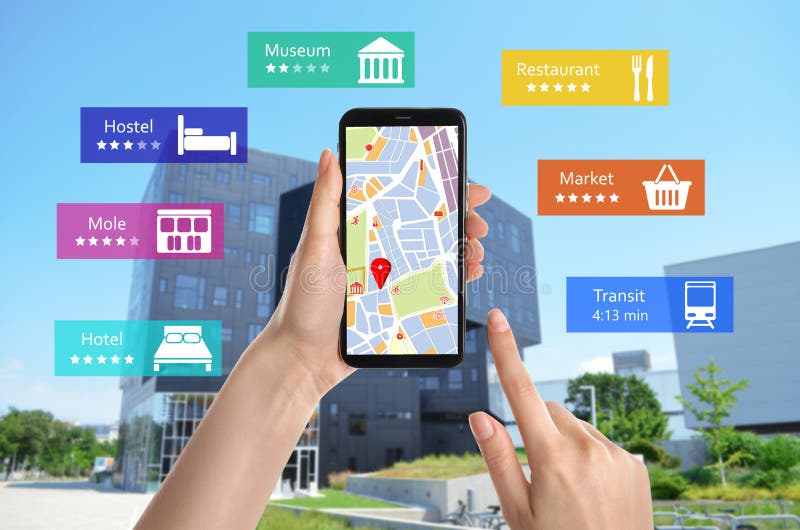 Smartphone with Map Gps Navigation App on the Screen in Female H Stock ...