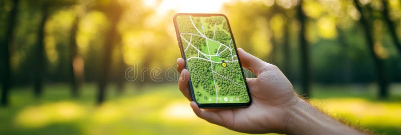 Tourist Using Smartphone Navigation App in Public Park at Sunset Stock ...