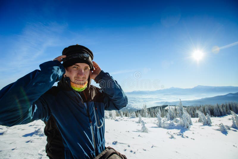 Tourist in Winter Mountains Stock Image - Image of backpack, snow: 72105413