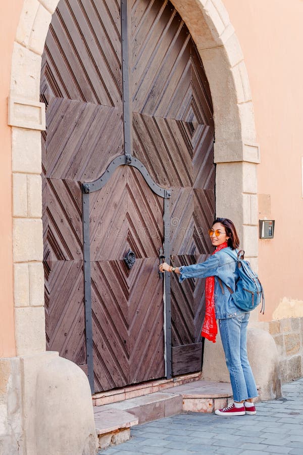 Tourist Woman at Gate of the Old Castle Stock Image - Image of girl ...