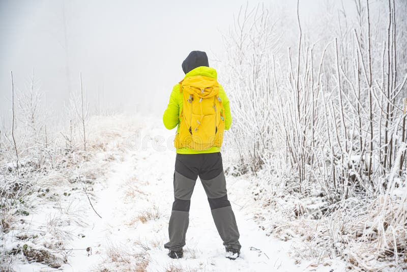 Tourist in Yellow Down Jacket and Yellow Backpack on the Winter Trail ...
