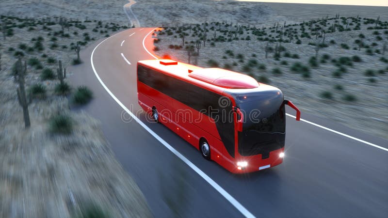 Touristic Red Bus on Highway. Fast Driving. Realistic 3d Rendering ...