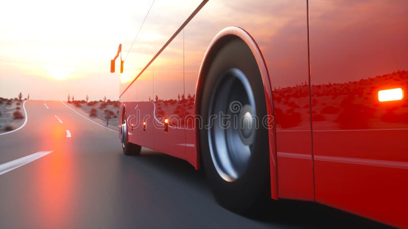 Touristic Red Bus on Highway. Fast Driving. Realistic 3d Rendering ...