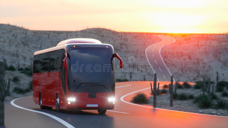 Touristic Red Bus on Highway. Fast Driving. Realistic 3d Rendering ...