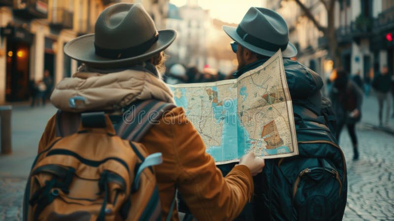 Tourists Exploring with City Map Stock Illustration - Illustration of ...