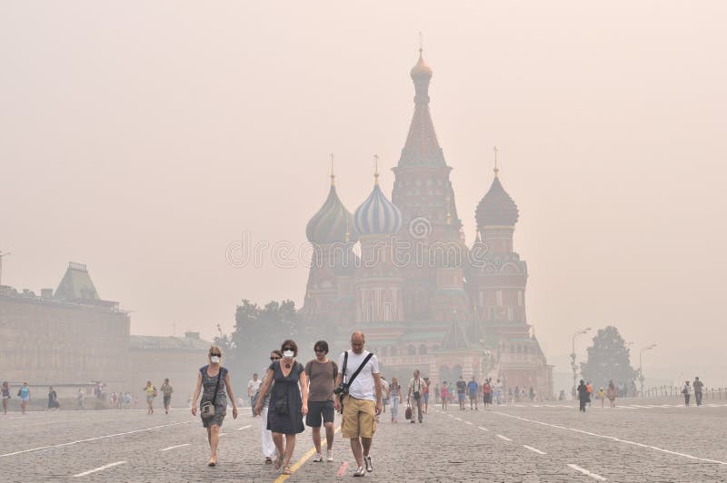 Tourists in Gas Mask on Red Square Under the Smog Editorial Stock Image ...