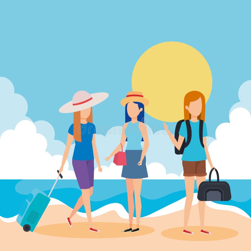 Tourists Girls with Suitcases on the Beach Stock Vector - Illustration ...