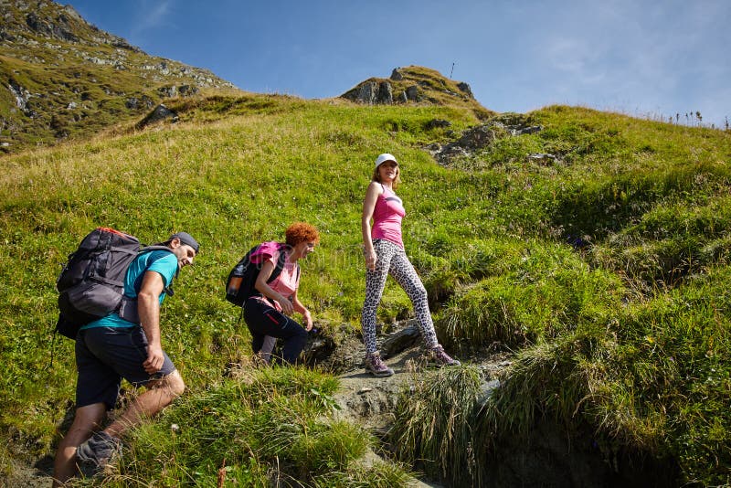 Tourists Hiking on Mountain Trail Stock Image - Image of peaceful ...