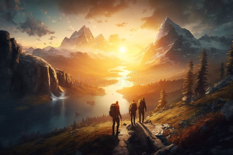 Tourists are Moving Towards the Mountains Behind Which the Sun Rises ...