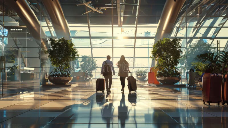 Tourists Passengers with Suitcases at Modern Airport, Back View Stock ...