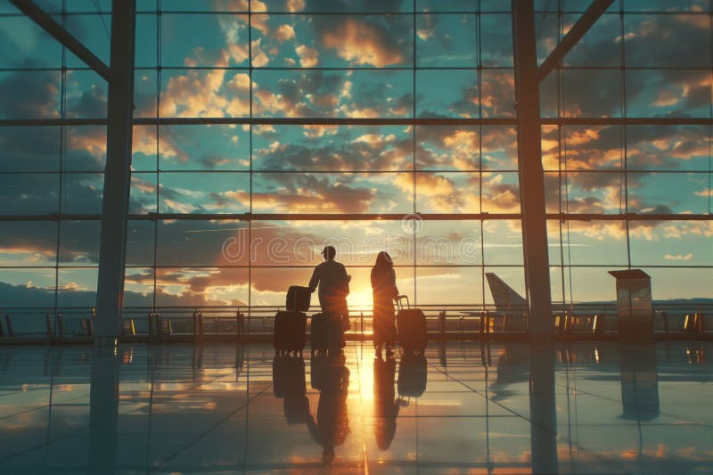 Tourists Passengers with Suitcases at Modern Airport, Back View Stock ...