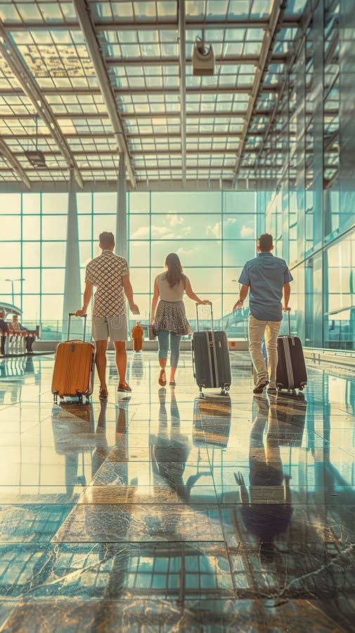 Tourists Passengers with Suitcases at Modern Airport, Back View Stock ...
