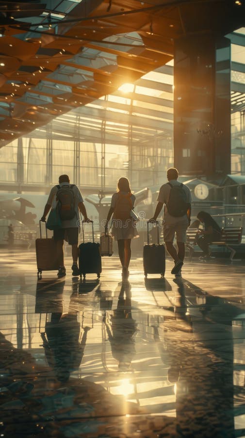 Tourists Passengers with Suitcases at Modern Airport, Back View Stock ...