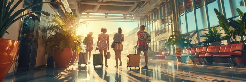 Tourists Passengers with Suitcases at Modern Airport, Back View, Banner ...