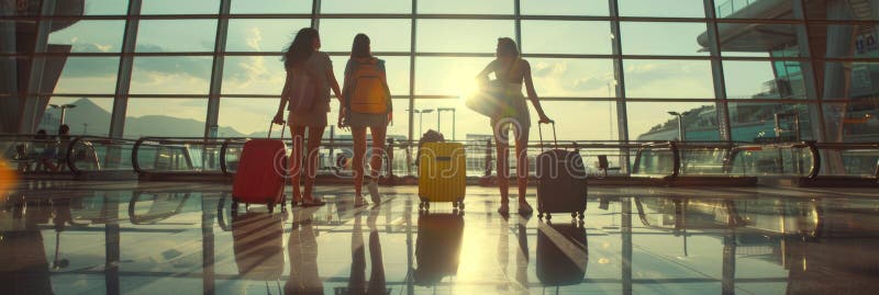 Tourists Passengers with Suitcases at Modern Airport, Back View, Banner ...