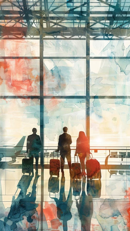 Tourists Passengers with Suitcases at Modern Airport, Back View ...