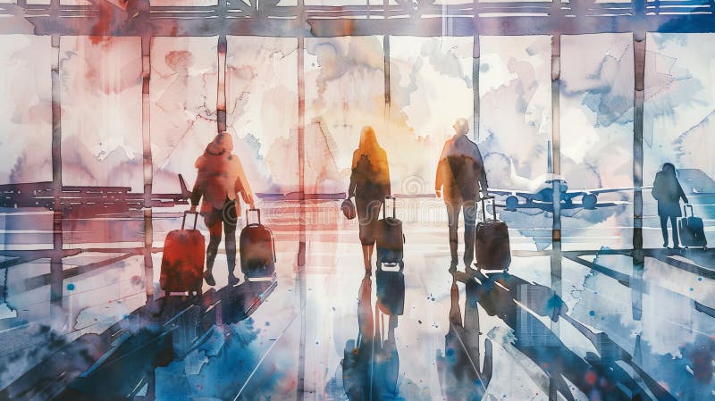 Tourists Passengers with Suitcases at Modern Airport, Back View ...