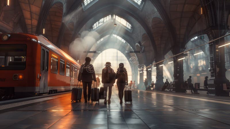 Tourists Passengers with Suitcases at the Train Station, Back View ...