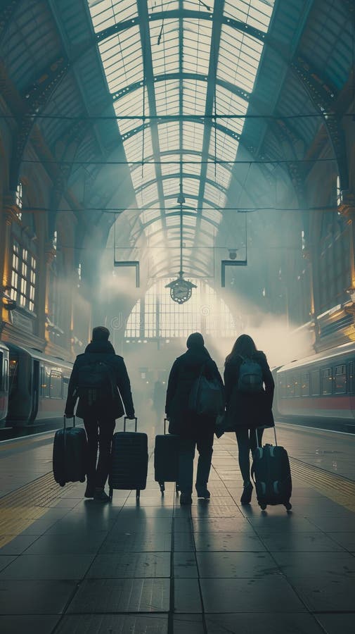 Tourists Passengers with Suitcases at the Train Station, Back View ...