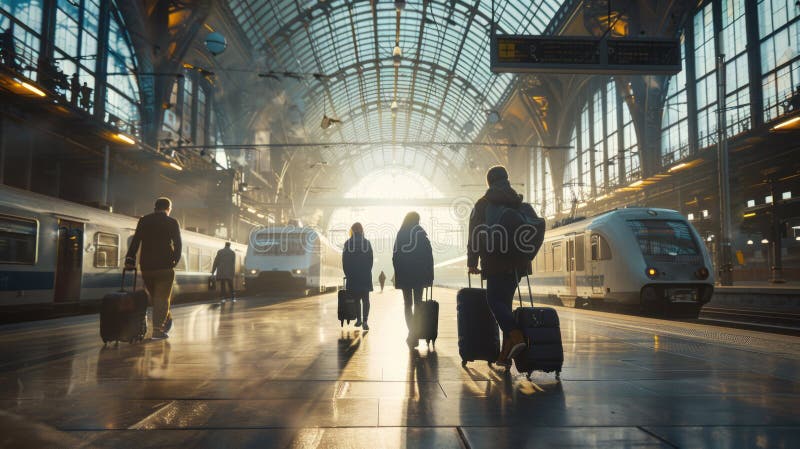 Tourists Passengers with Suitcases at the Train Station, Back View ...