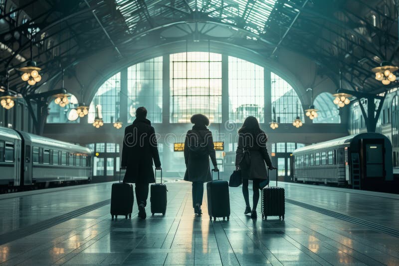 Tourists Passengers with Suitcases at the Train Station, Back View ...