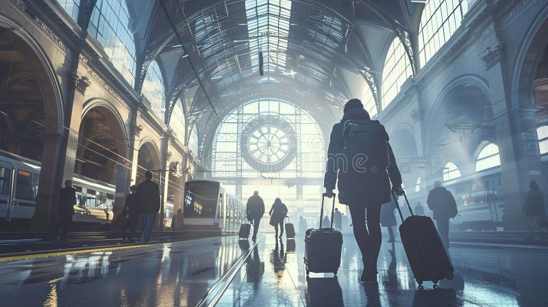 Tourists Passengers with Suitcases at the Train Station, Back View ...