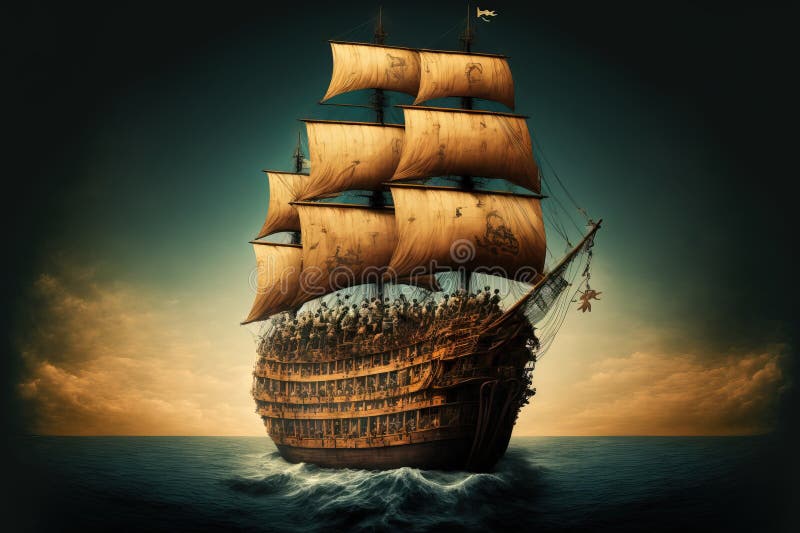 Tourists and Pirates on a Ship in the Ocean Stock Illustration ...