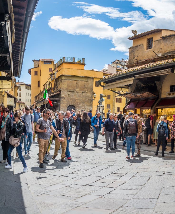 Tourists Walk Along the Old Bridge Ponte Vecchio in Florence Editorial ...