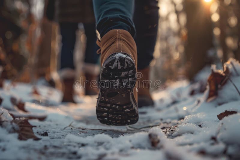 Tourists Walk Along the Path of the Winter Forest, Feet Close-up Stock ...