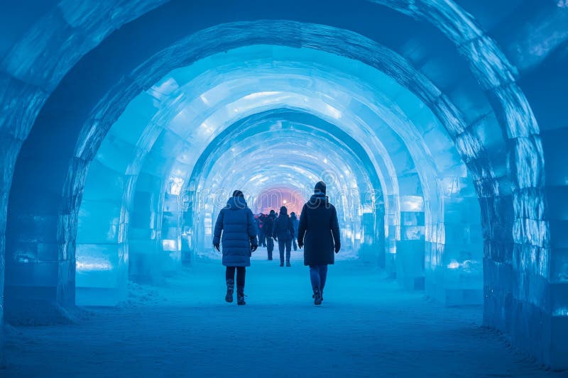 Tourists Walking Inside Illuminated Ice Tunnel Stock Photo - Image of ...