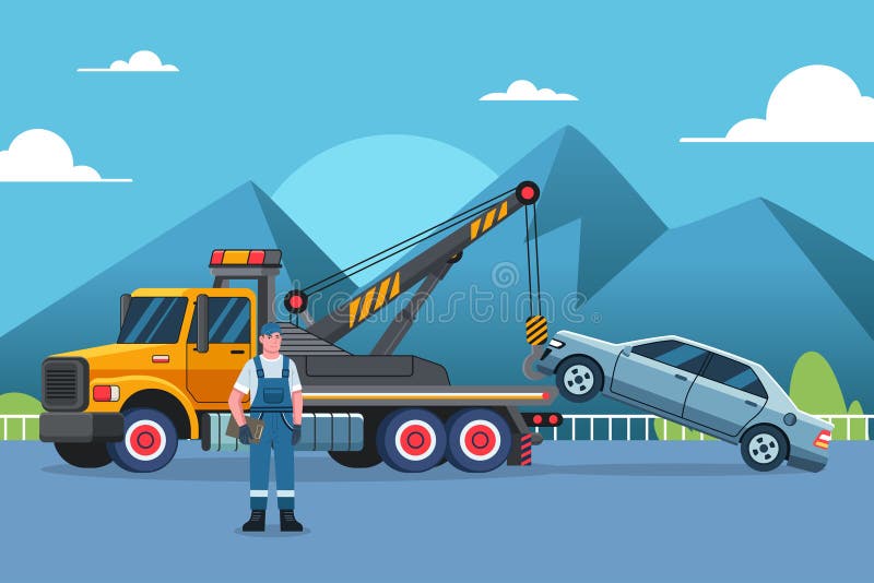 Tow Truck Driver Towing a Car Vector Illustration Stock Vector ...