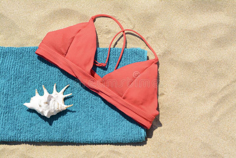 Towel, Bra and Seashell on Sand, Top View with Space for Text. Beach ...