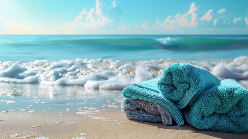 Towels Folded Beach Ocean Waves Stock Image - Image of sunshine ...