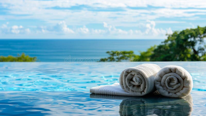 Towels by an Infinity Pool with Ocean View, Serene Vacation Setting ...