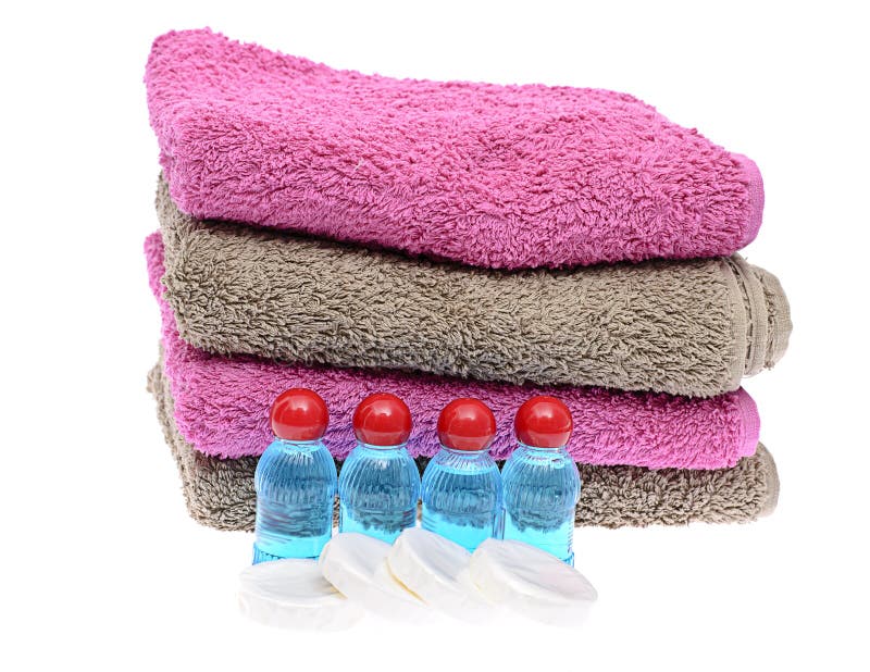 Towels, Shampoo and Soap Isolated on White Stock Photo - Image of ...