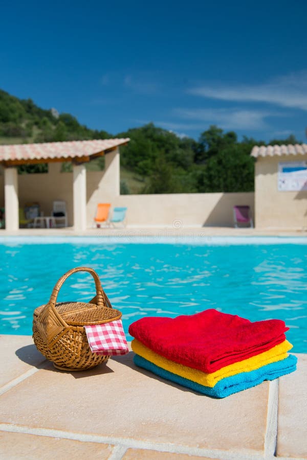 Towels at the Swimming Pool Stock Photo - Image of towels, basket: 58353430