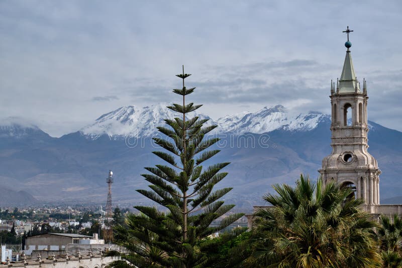 Building Tower and Volcanoes in Arequipa, Peru Stock Image - Image of ...