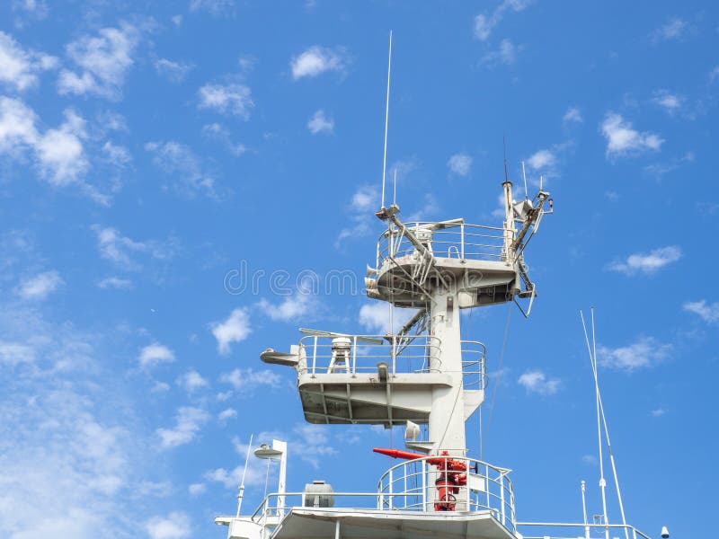 Tower with Antennas on the Ship. Top of the Tug. Technique and ...