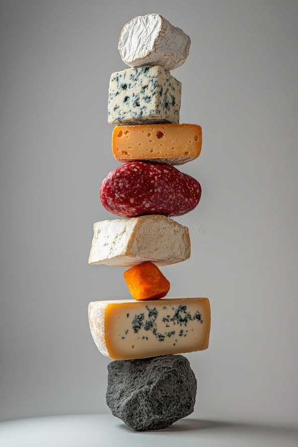 Tower of Assorted Cheeses Stacked Together, Including Soft Brie, Aged ...
