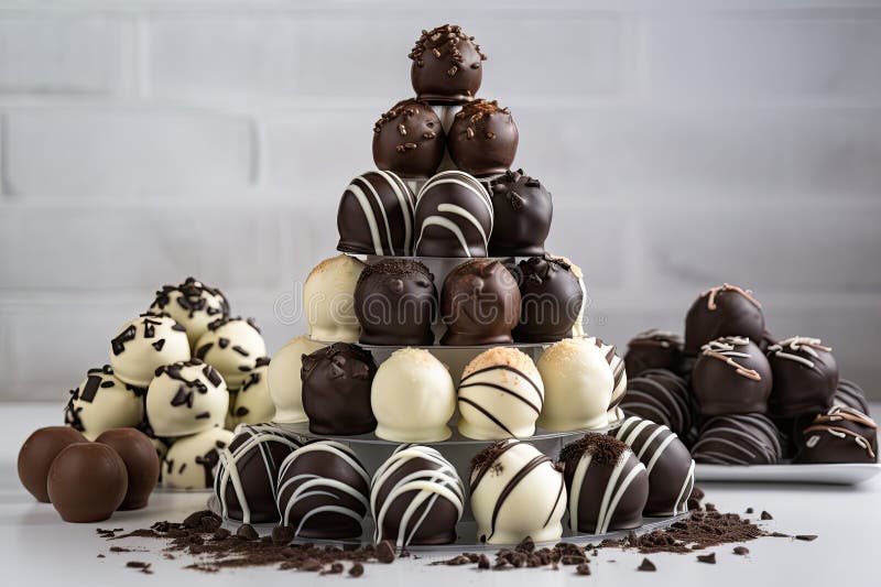 Tower of Assorted Chocolate Truffle with Drizzle of Melted White and ...