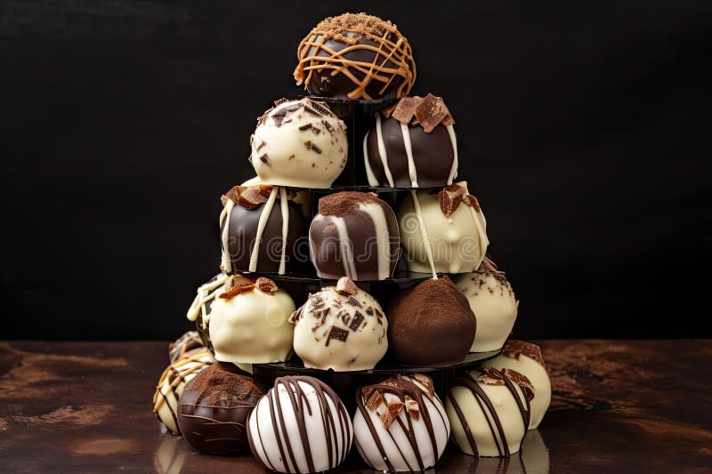 Tower of Assorted Chocolate Truffle with Drizzle of Melted White and ...