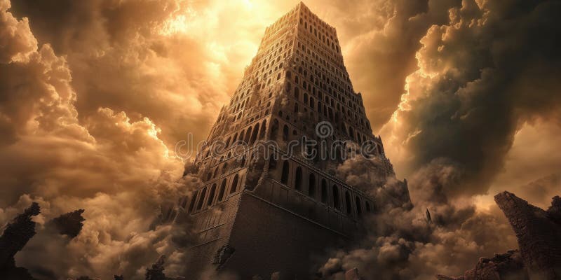 Tower of Babel in Ruins Under Dramatic Sky with Clouds and Sunlight ...