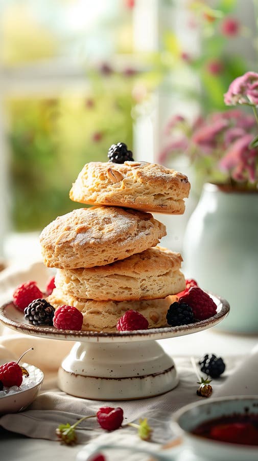 A Tower of Berry-Topped Fruit Buns for a Summer Afternoon Tea Stock ...