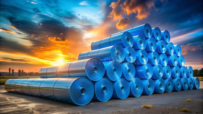 A Tower of Blue: Industrial Plastic Rolls Stacked High Against a Sunset ...