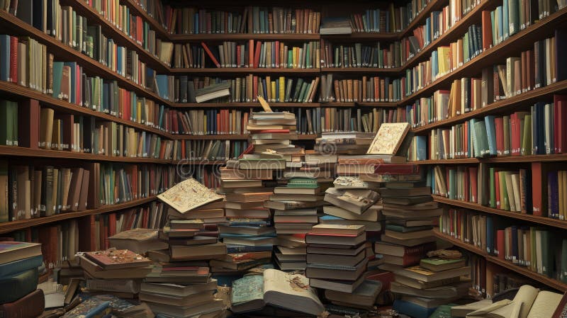 A Tower of Books in a Dusty Library Stock Illustration - Illustration ...